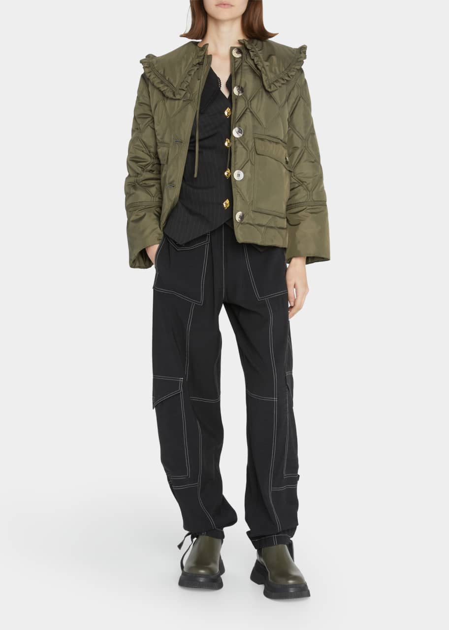 Ganni Ripstop Recycled Quilted Oversized Ruffle Collared Jacket ...