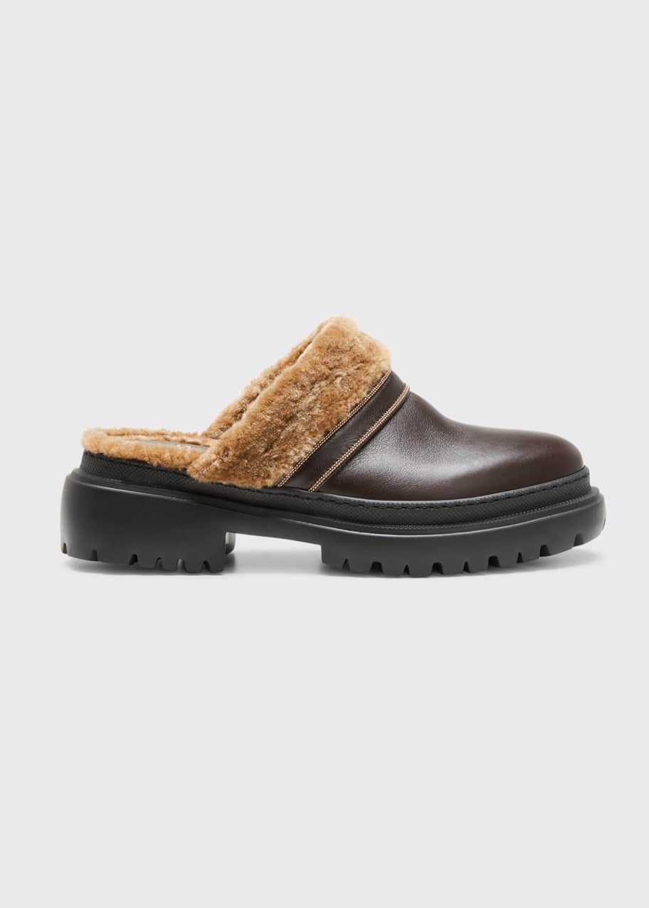 Brunello Cucinelli Leather Shearling Lug-Sole Clogs - Bergdorf Goodman