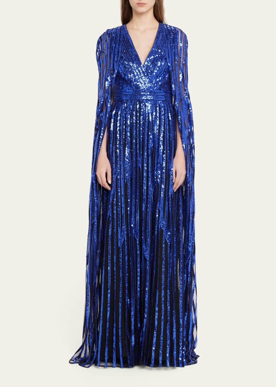 Elie Saab Shoulder Cape Sequined Tulle Dress - Bergdorf Goodman
