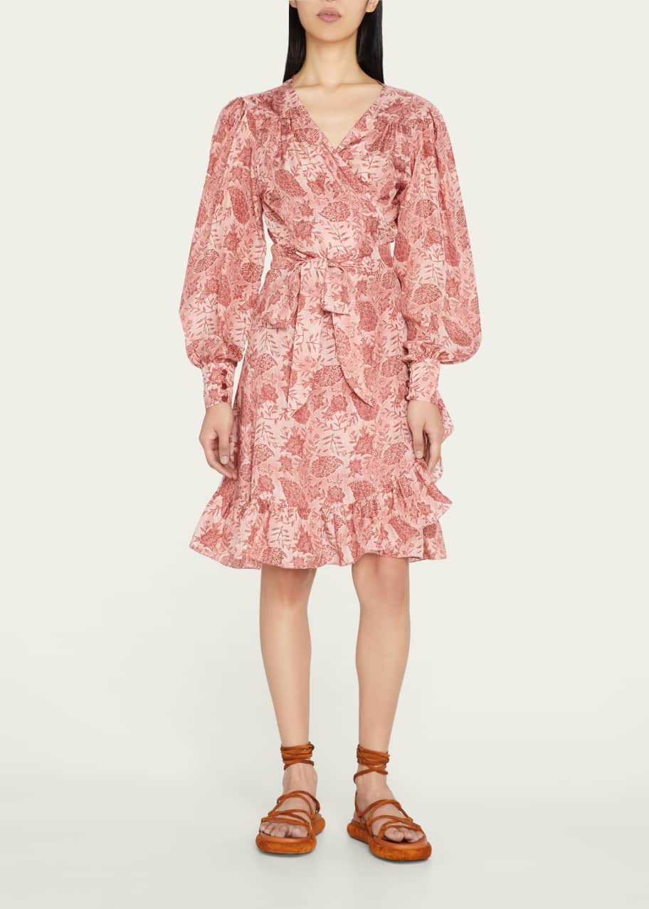Hannah Artwear Annabel Bishop-Sleeve Belted Floral Silk Mini Dress ...