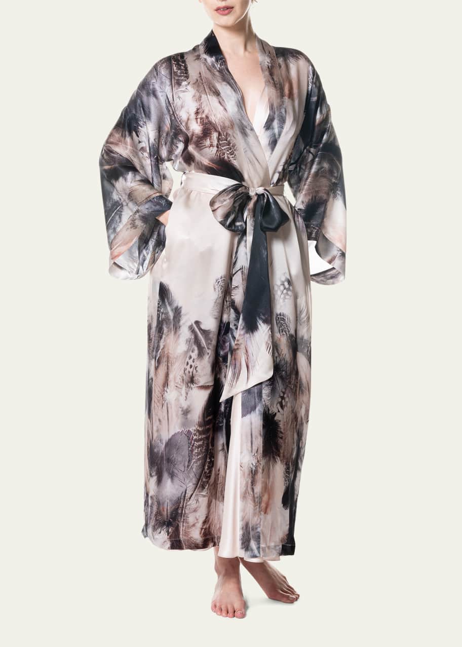 Christine Lingerie Sanctuary Long Feather-Print Silk Robe - Bergdorf ...