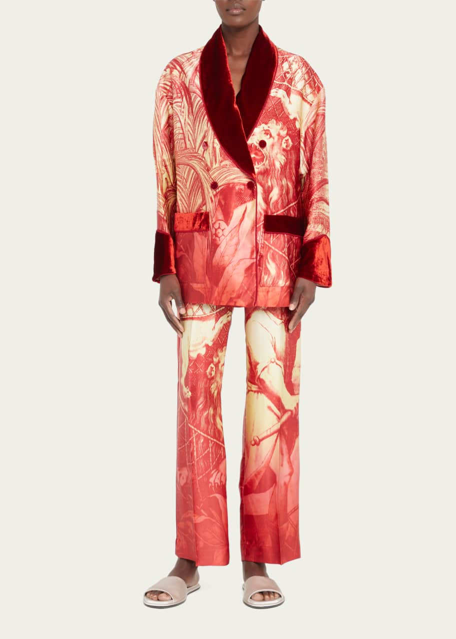 F.R.S For Restless Sleepers Tropical-Print Silk Pants with Velvet Trim ...