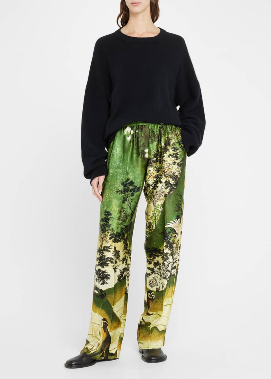 F.R.S For Restless Sleepers Crane-Print Silk Satin Elastic Waist Pants ...