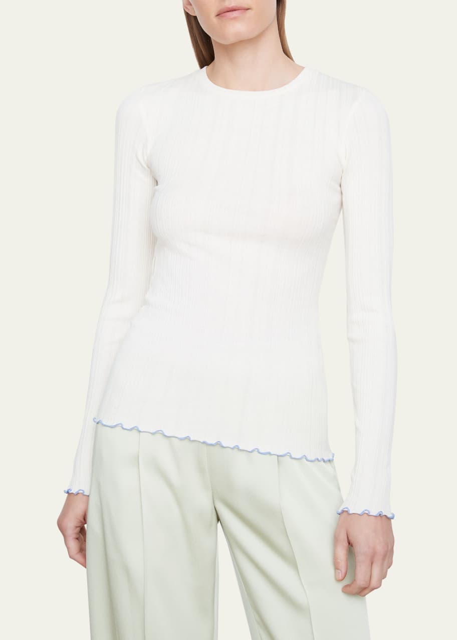 Vince Merrow-Trim Long-Sleeve Ribbed Crewneck Top - Bergdorf Goodman
