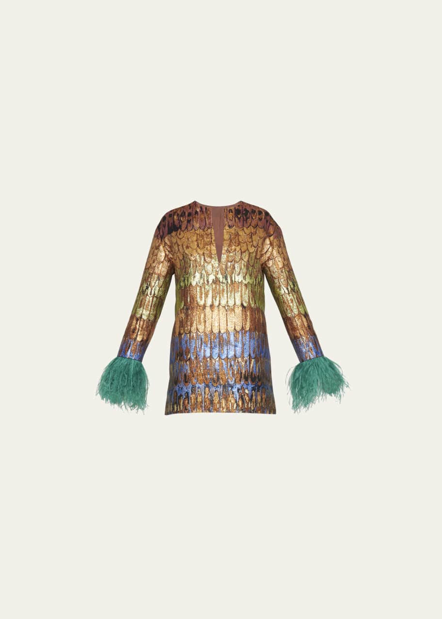 Valentino Garavani Broccato Golden Wings Tunic Dress with Feather Trim ...