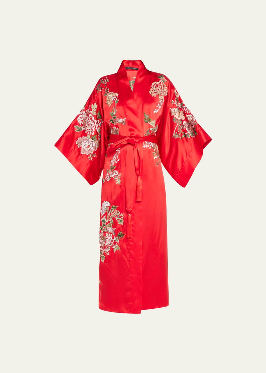 Josie Natori Kairaku Floral-Embroidered Silk Robe - Bergdorf Goodman