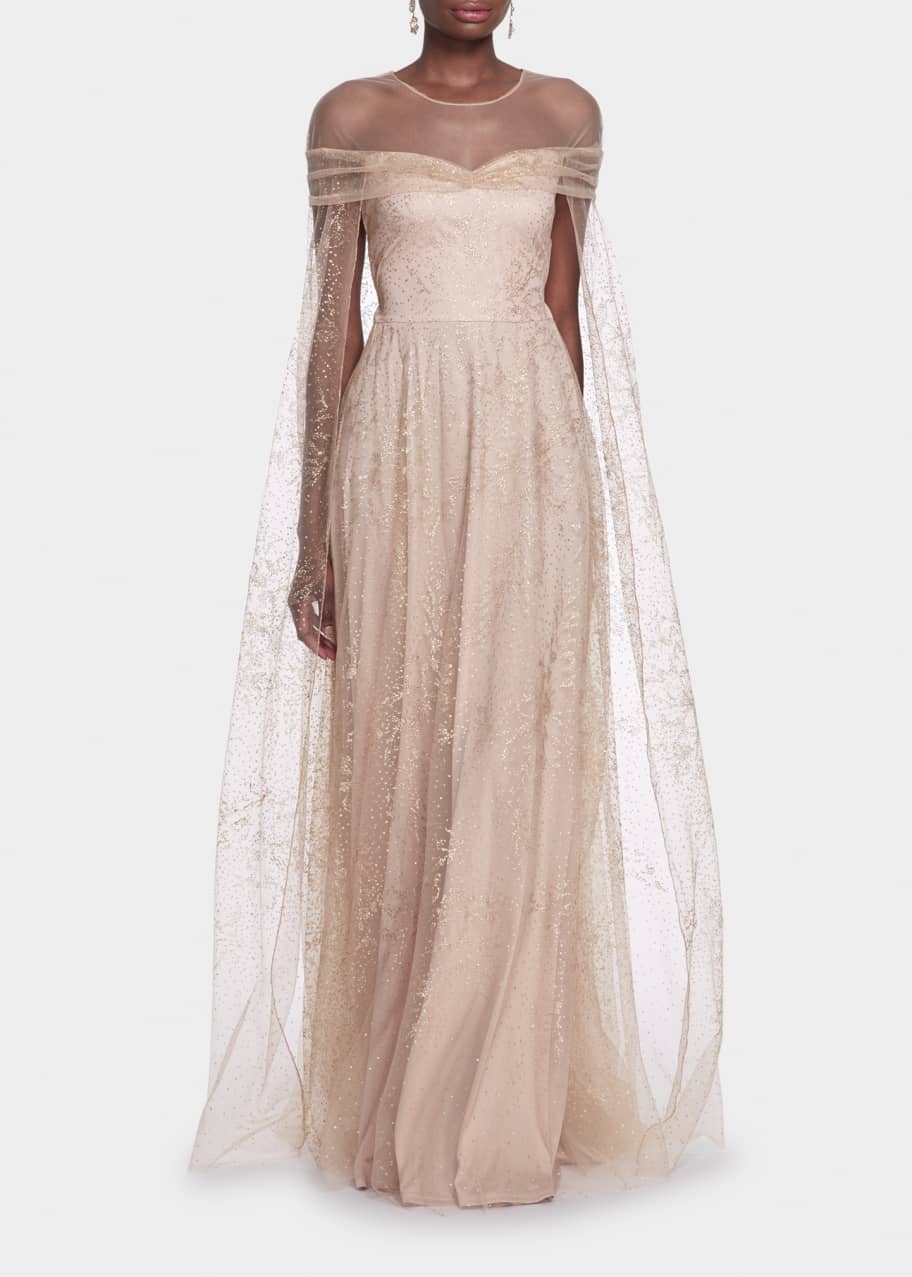 Marchesa Notte Off-Shoulder Glitter Tulle Cape Gown - Bergdorf Goodman
