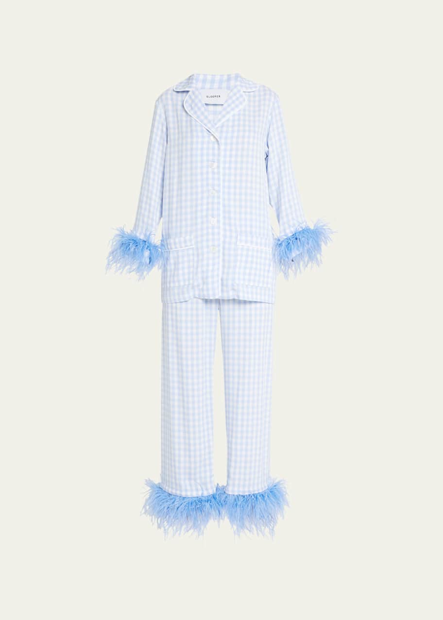 Sleeper Party Gingham-Print Feather-Trim Pajama Set - Bergdorf Goodman