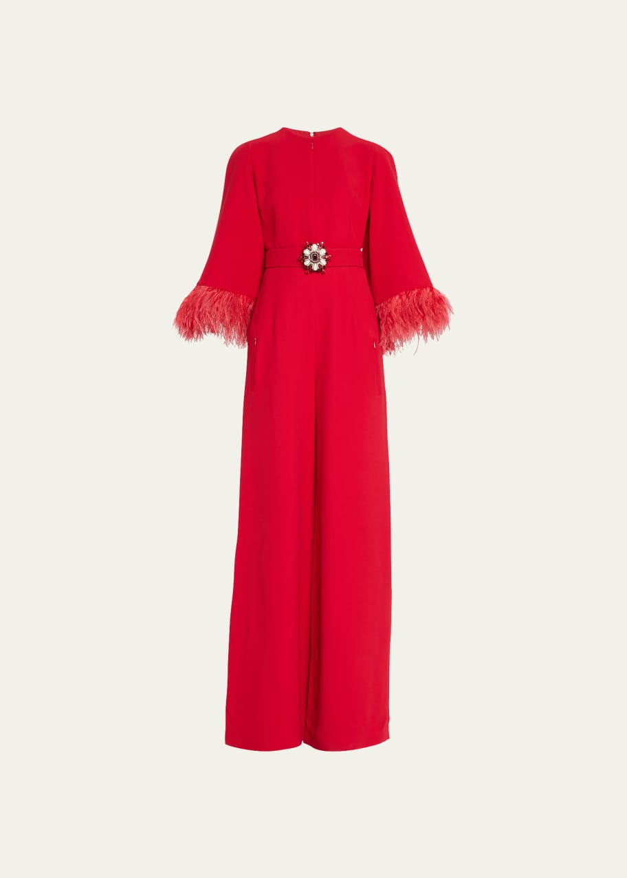 Andrew Gn Feather-Cuff Belted Wide-Leg Jumpsuit - Bergdorf Goodman