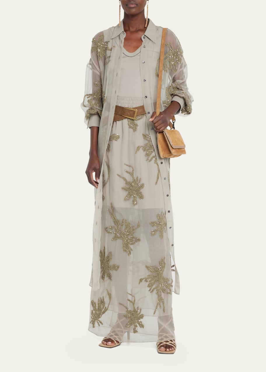 Brunello Cucinelli Marine Botanical Paillette-Embroidered Silk Organza ...