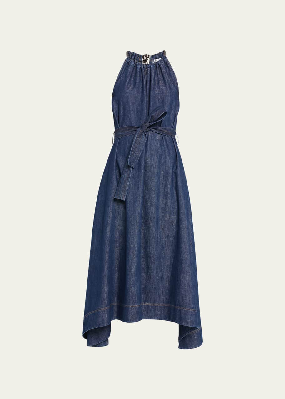 Brunello Cucinelli Denim Belted Midi Dress With Monili Neckline