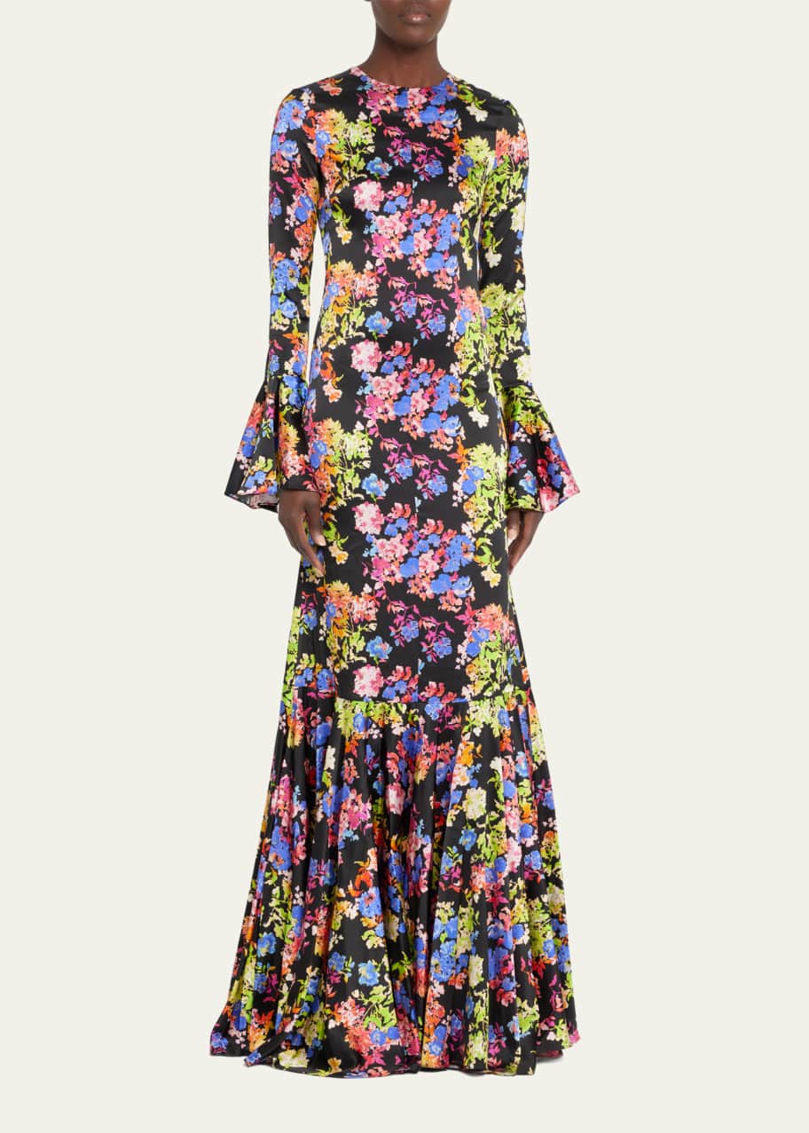 Caroline Constas Allonia Bell-Sleeve Floral-Print Trumpet Gown ...