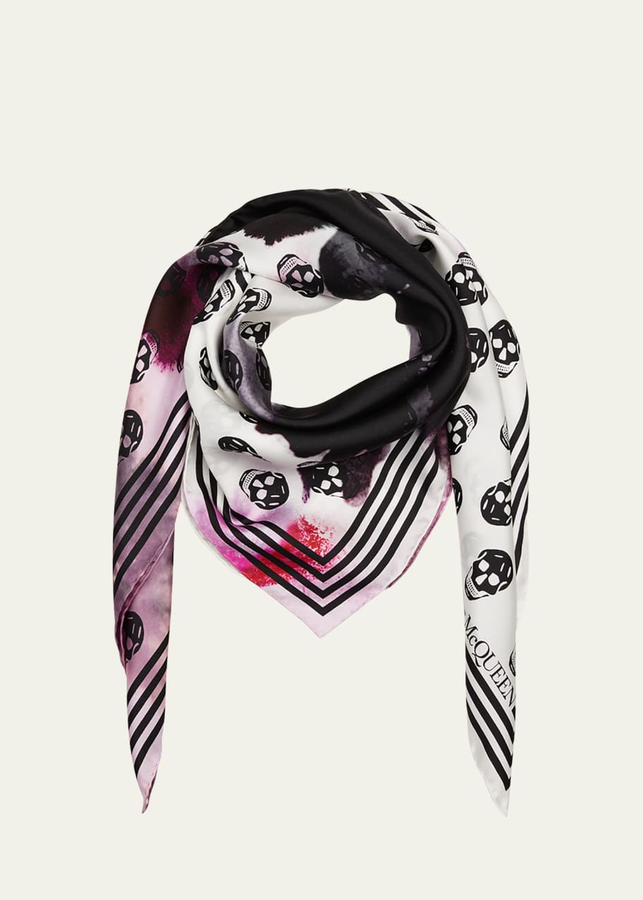 McQueen Watercolor Skull Biker Twill Silk Scarf - Bergdorf Goodman