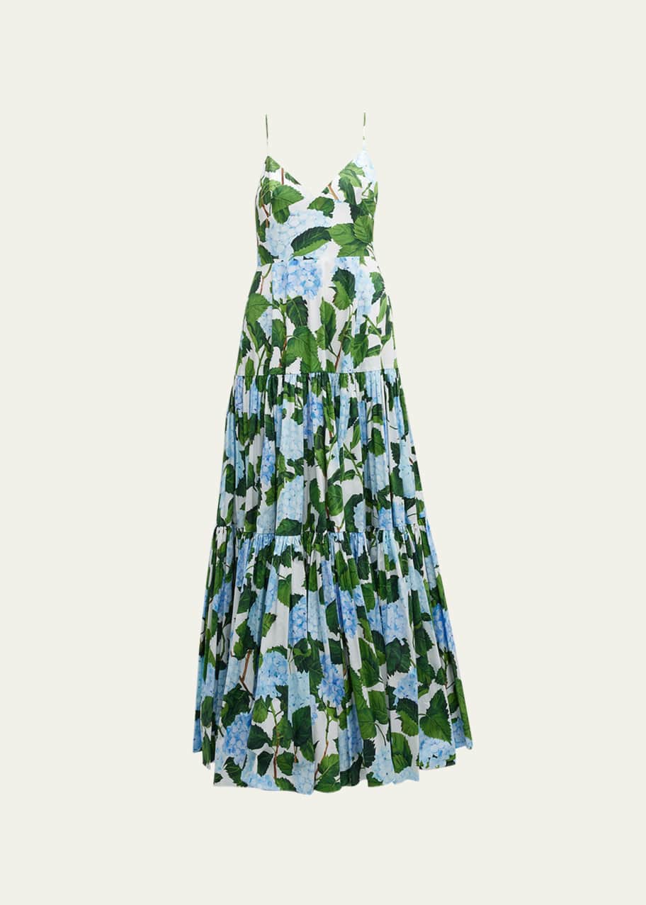 Oscar de la Renta Hydrangea-Print Tiered Poplin Maxi Tank Dress ...