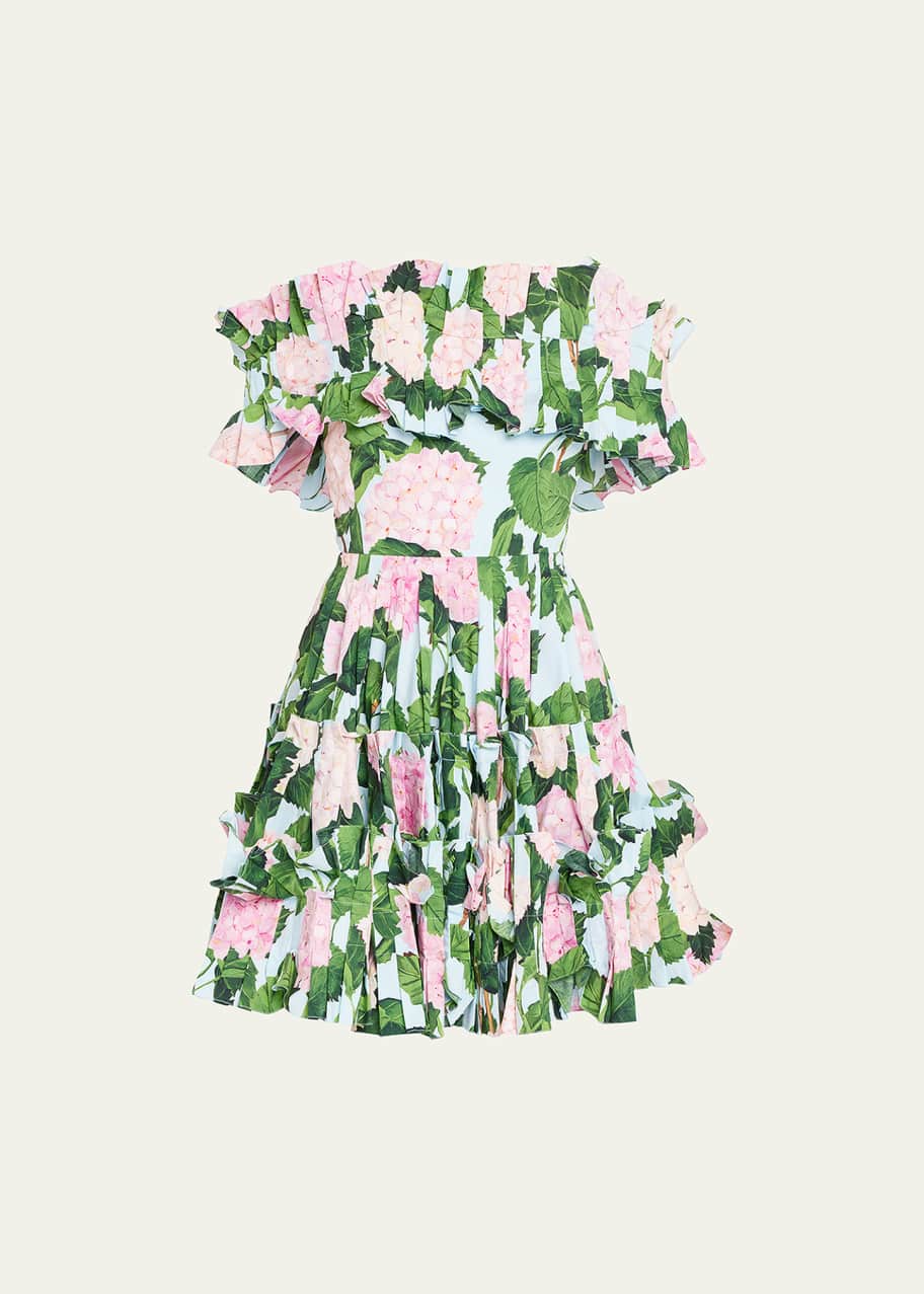 Oscar De La Renta Off Shoulder Hydrangea Print Ruffled Mini Dress