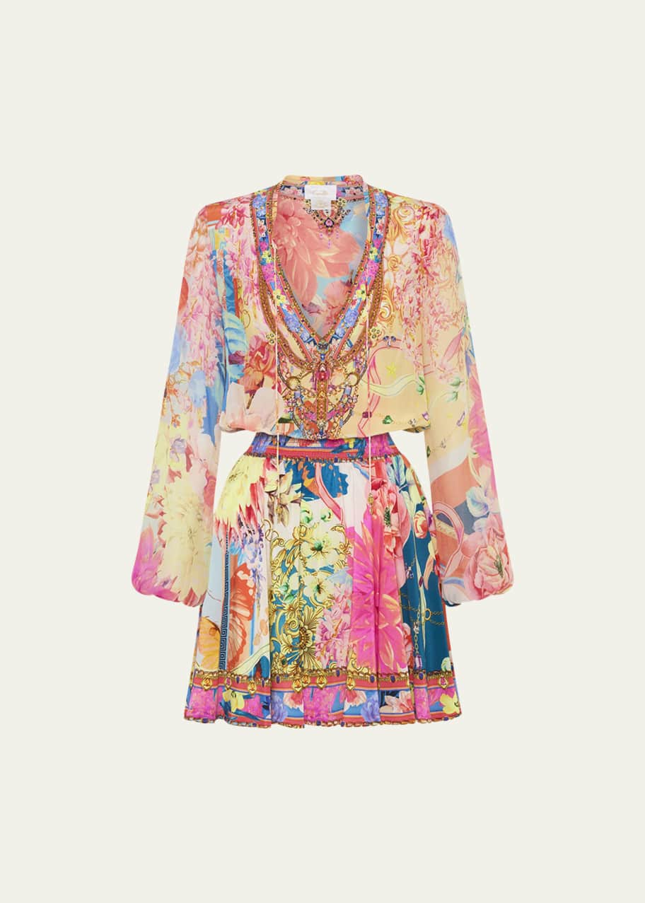 Camilla Shirred Silk Split-Neck Relaxed Short Dress - Bergdorf Goodman