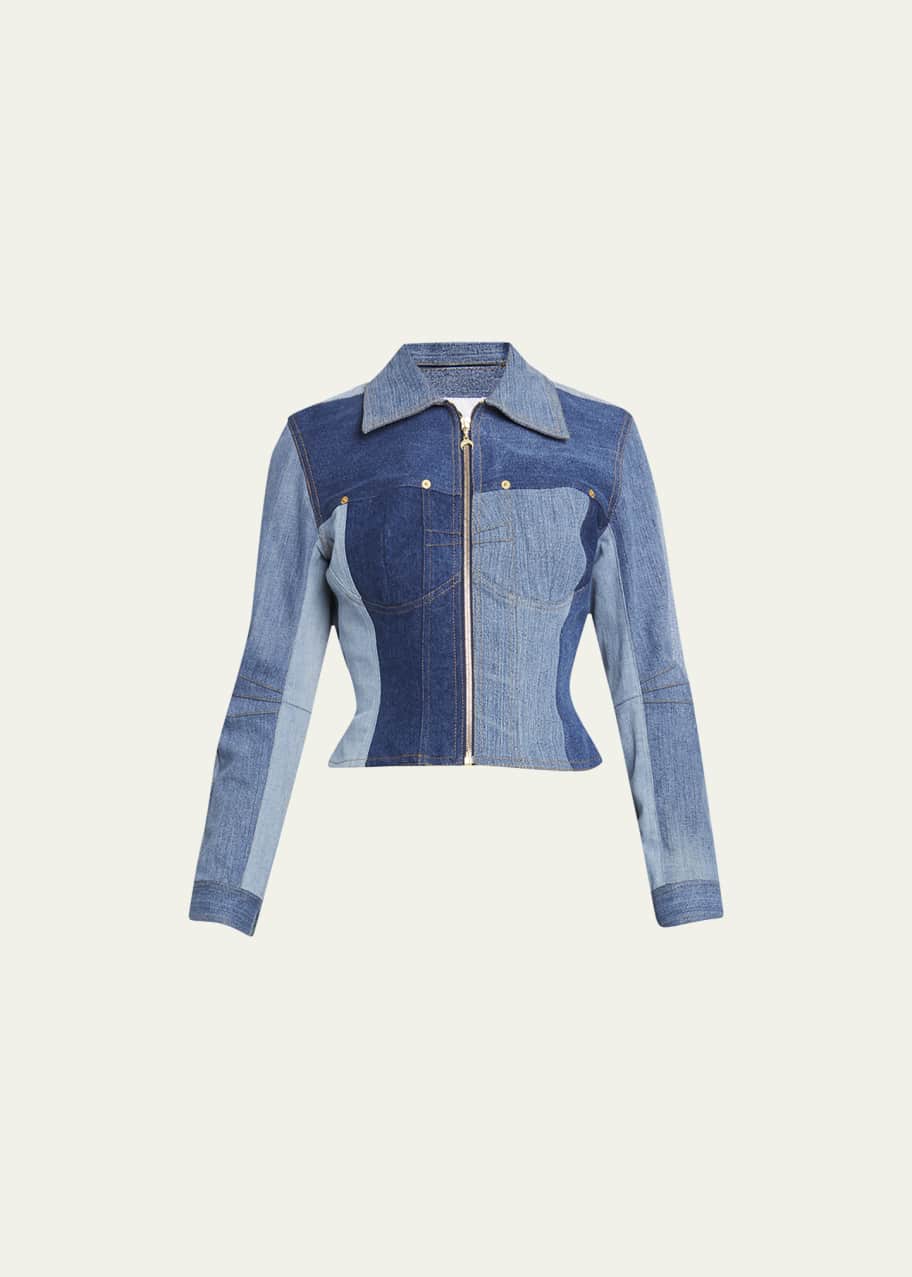 Marine Serre Patch Denim Corset Shrunken Jacket - Bergdorf Goodman