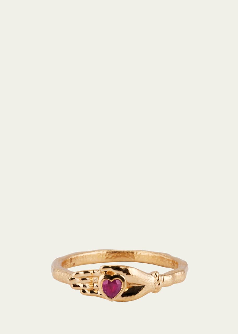 Pamela Love 14K Yellow Gold Heart in Hand Ring with Ruby - Bergdorf Goodman