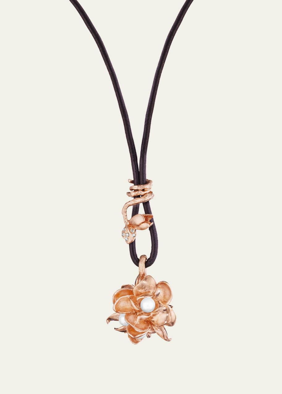 Susan Gordon 20K Rose Gold Pearl Flower Globe on Cord with Leaf and Bug ...