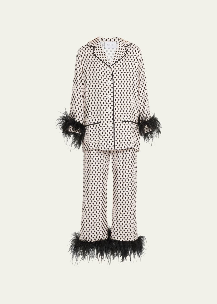 Sleeper Party Feather-Trim Diamond-Print Pajama Set - Bergdorf Goodman