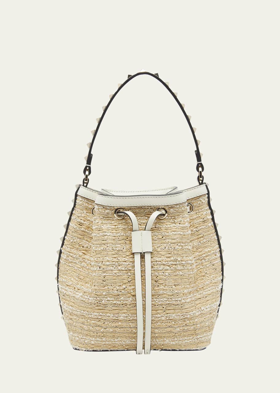 Valentino Garavani Rockstud Boucle Raffia Bucket Bag - Bergdorf Goodman