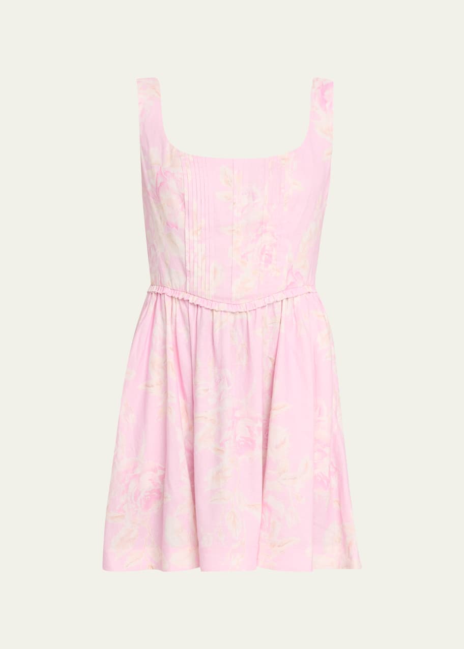 LoveShackFancy Lowery Pintuck Floral-Print Square-Neck Mini Dress ...