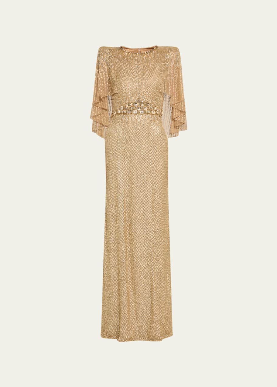 Jenny Packham Hedy Sequined Cape Tulle Gown - Bergdorf Goodman