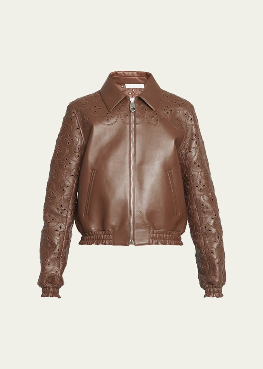 Chloe Leather Short Jacket with Cutout Eyelet Embroidery - Bergdorf Goodman