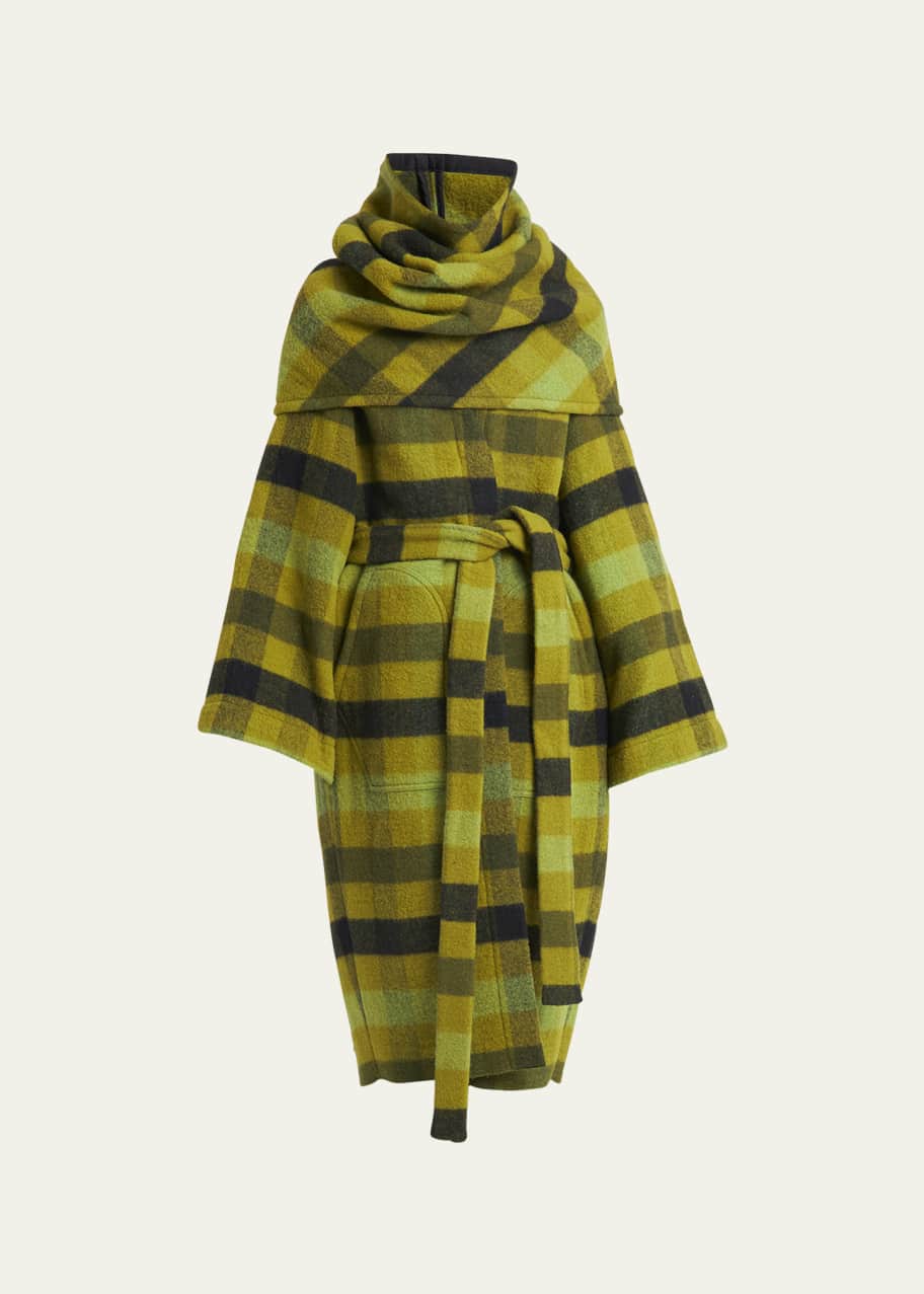 Rick Owens Plaid Dagger Robe Coat with Funnel Scarf - Bergdorf Goodman