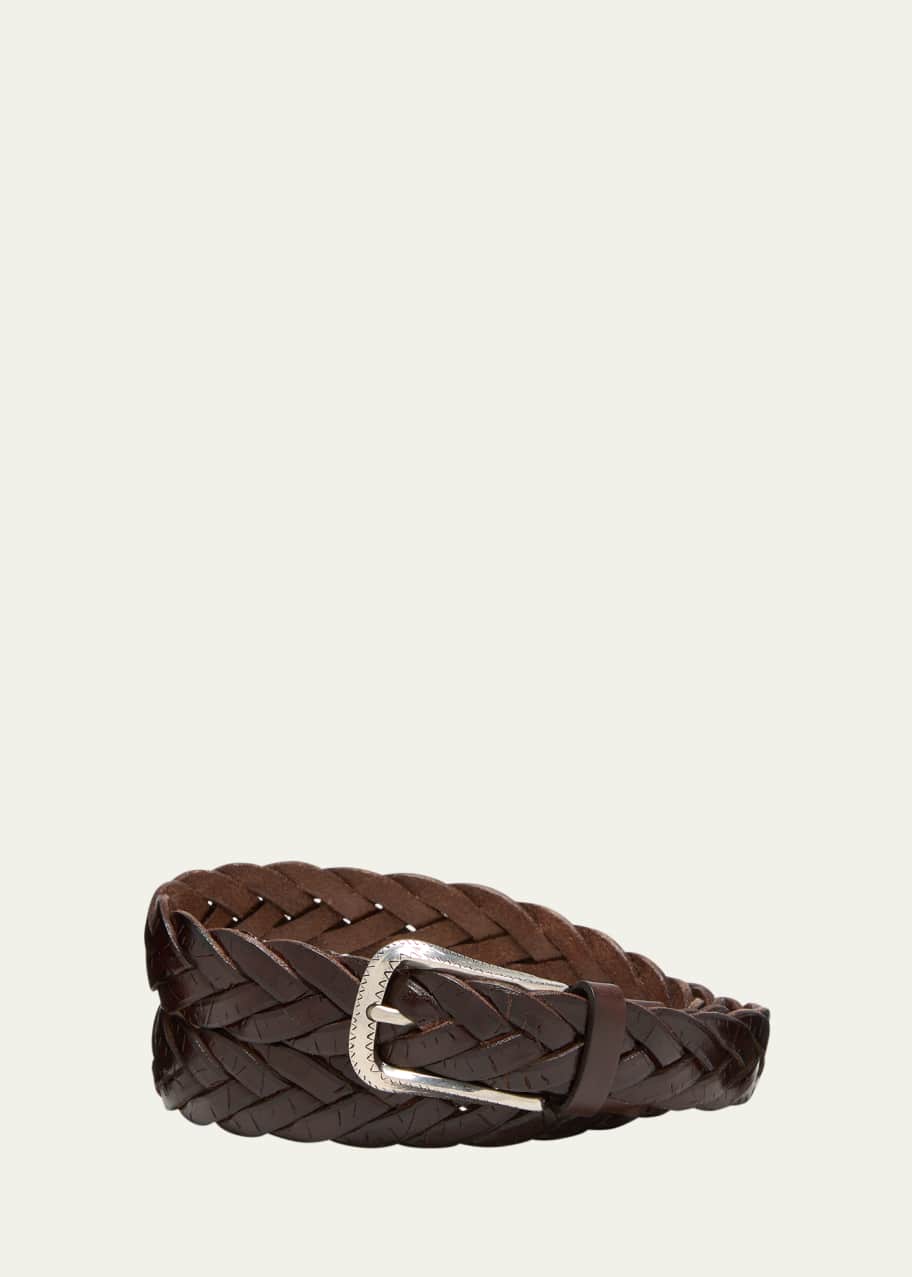 Brunello Cucinelli Men's Scratched Braided Calfskin Belt with Engraved ...