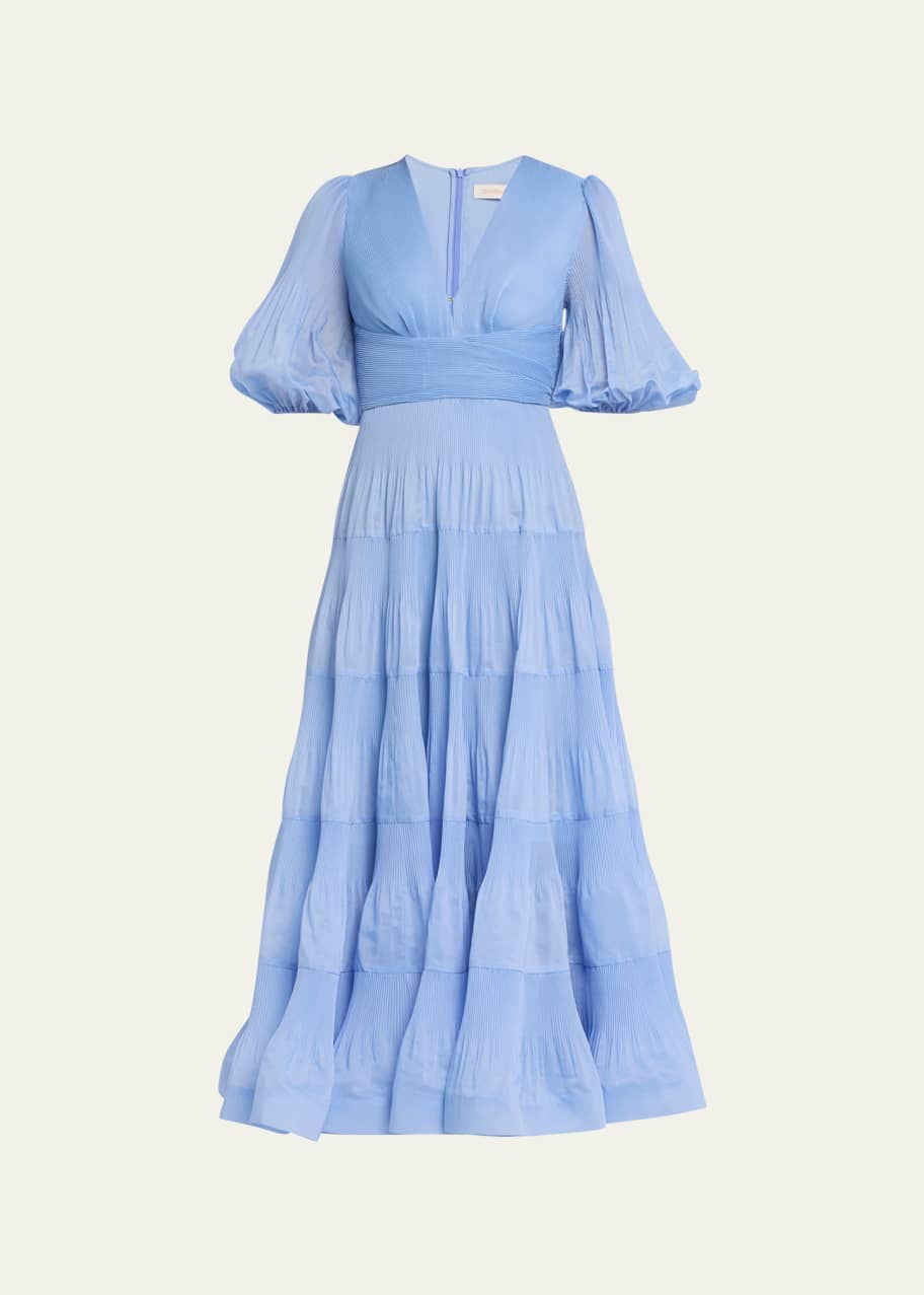 Zimmermann Pleated Puff-Sleeve Midi Dress - Bergdorf Goodman