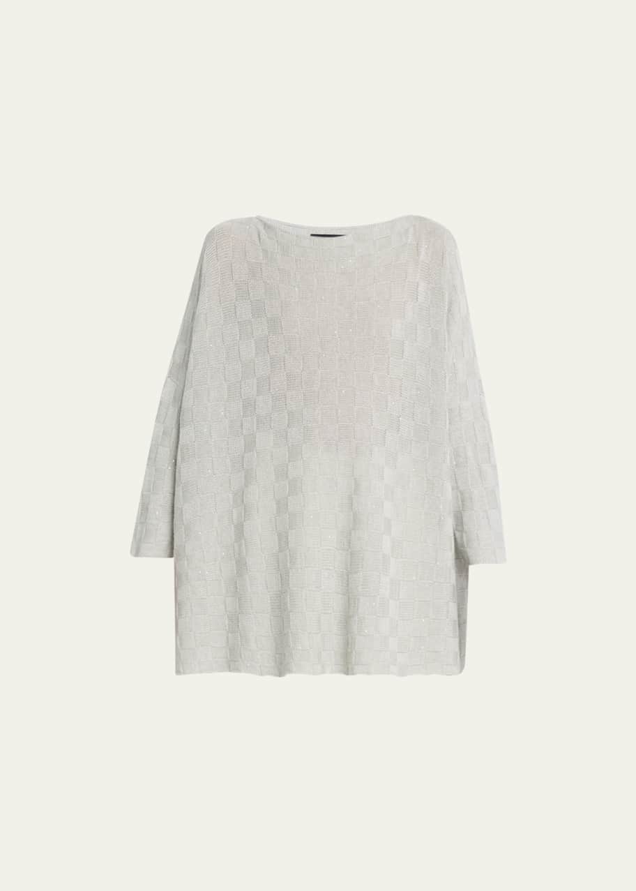 Eskandar Sideways Knit Square Slim-Sleeve Sequined Top (Long Length ...