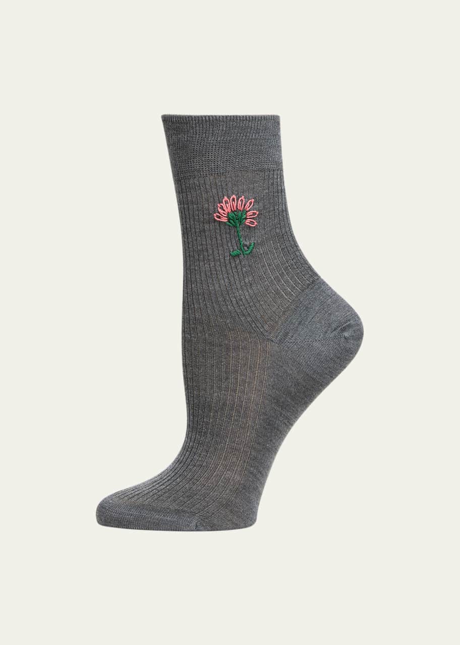Maria La Rosa Ribbed Floral-Embroidered Cotton Crew Socks - Bergdorf ...