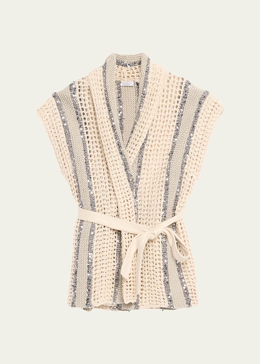 Brunello Cucinelli Open-Knit Long Net Cardigan with Paillette Detail ...