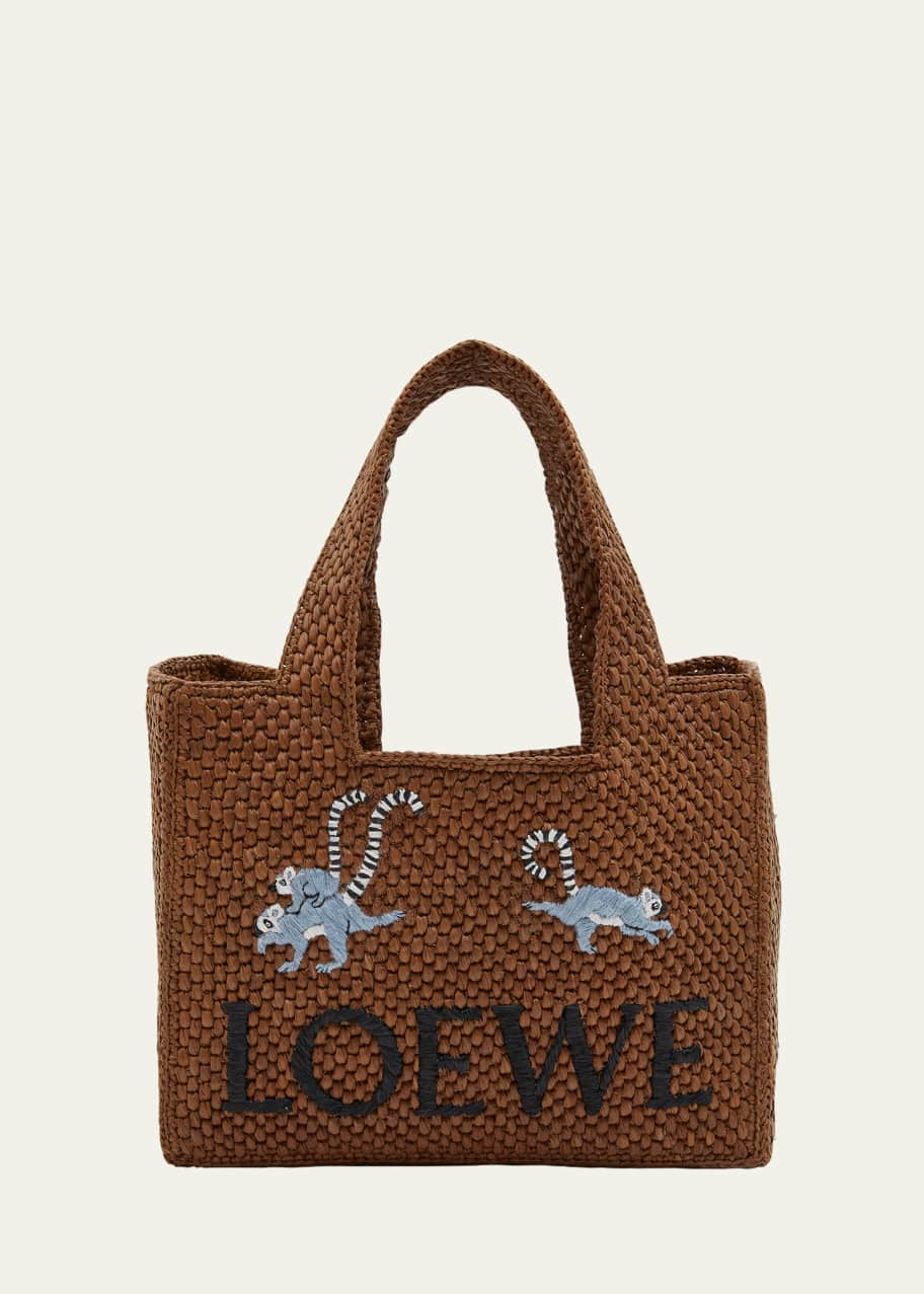 Loewe Font Small Tote Bag in Raffia with Lemurs - Bergdorf Goodman