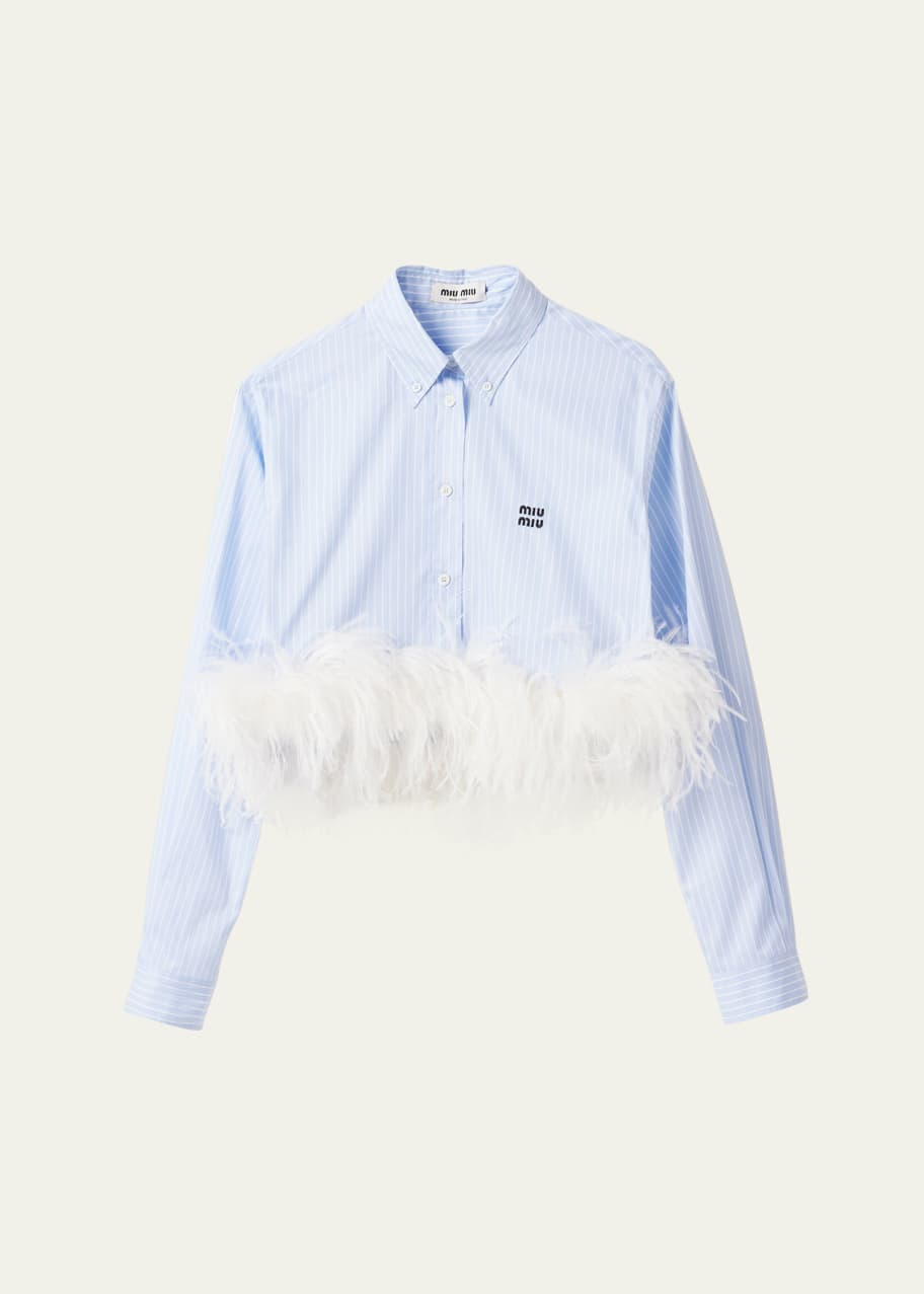 Miu Miu Stripe Cropped Button Down Top with Feather Trim - Bergdorf Goodman
