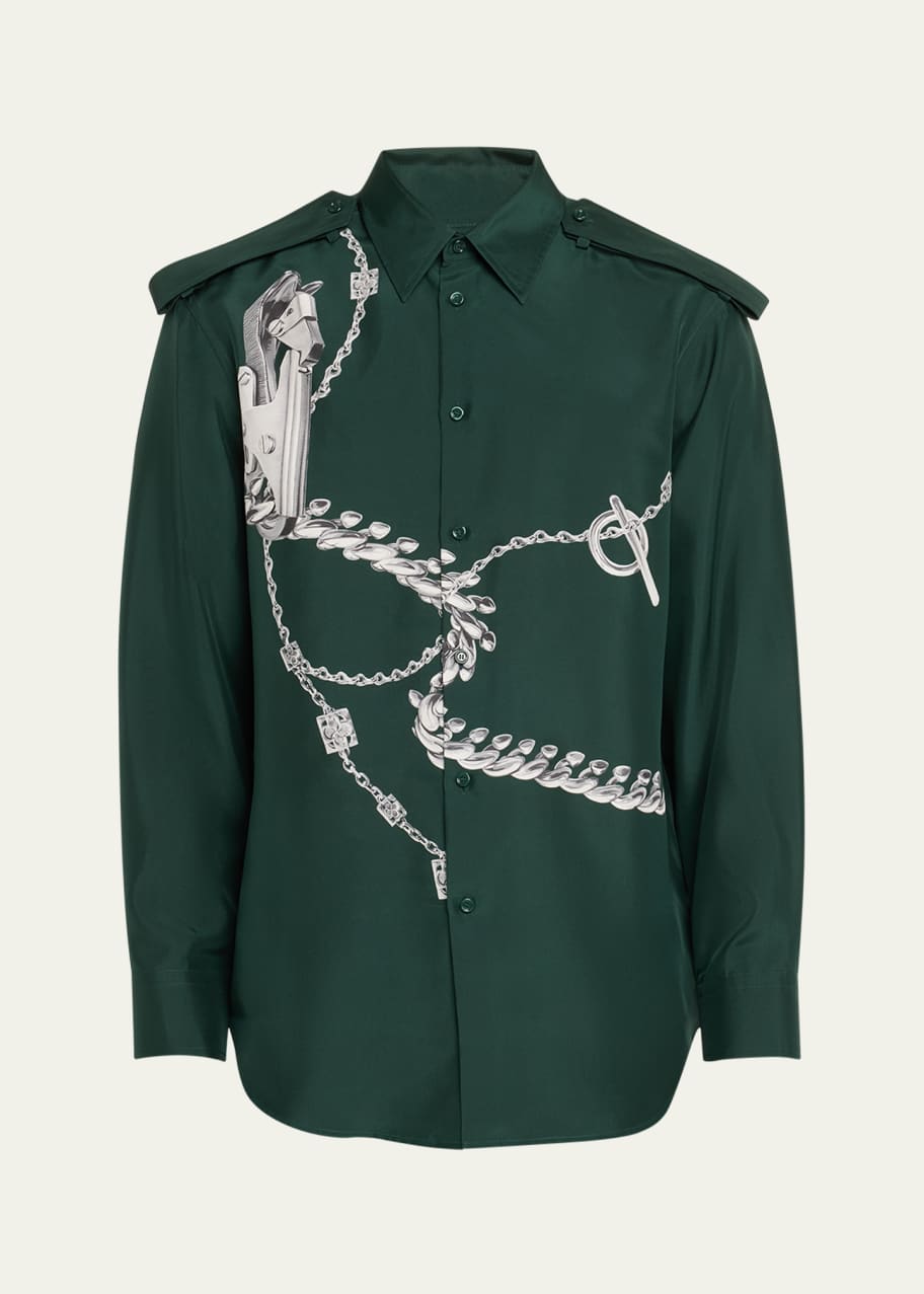 Burberry Men's Silk Horse Chain-Print Epaulet Shirt - Bergdorf Goodman