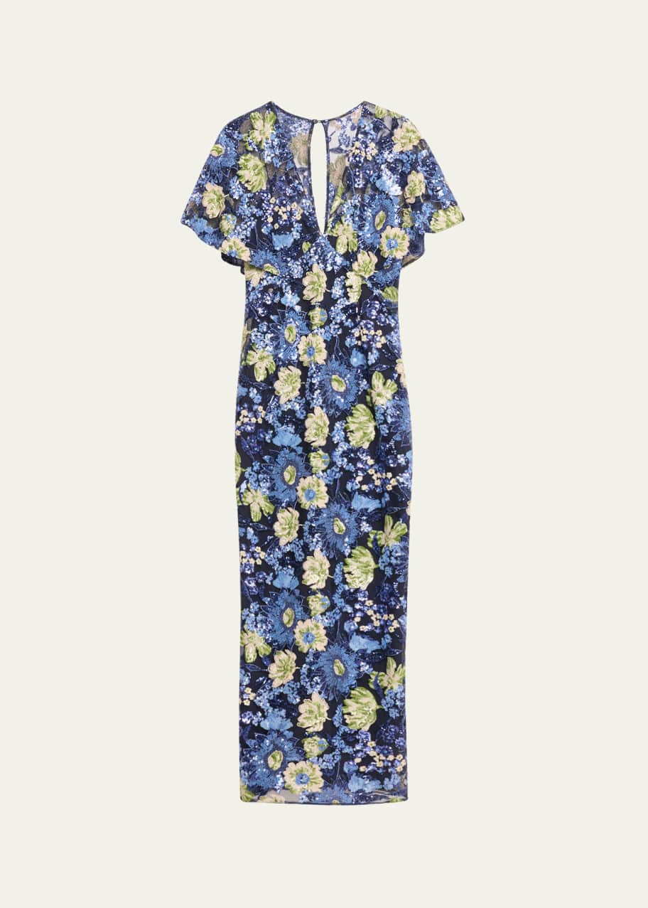 Lela Rose V-Neck Flower Sequin Cape-Sleeve Column Maxi Dress - Bergdorf ...