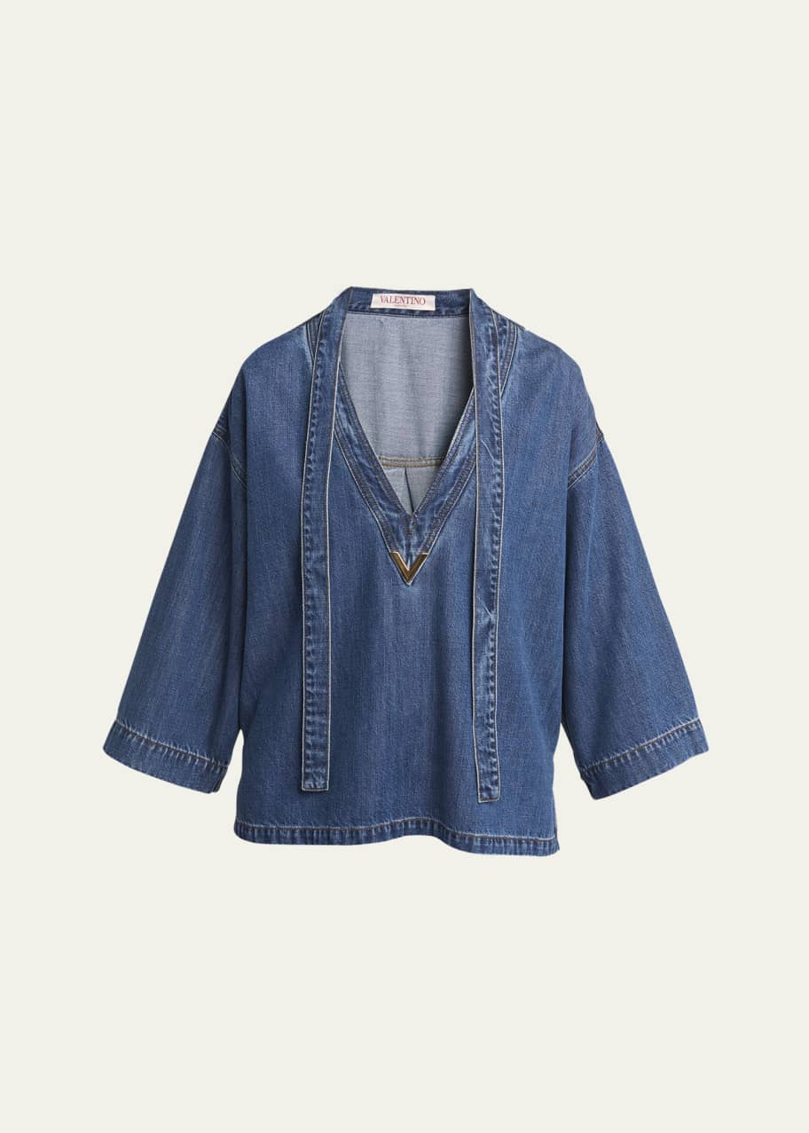 Valentino Garavani Denim Scarf-Neck Tunic Top - Bergdorf Goodman