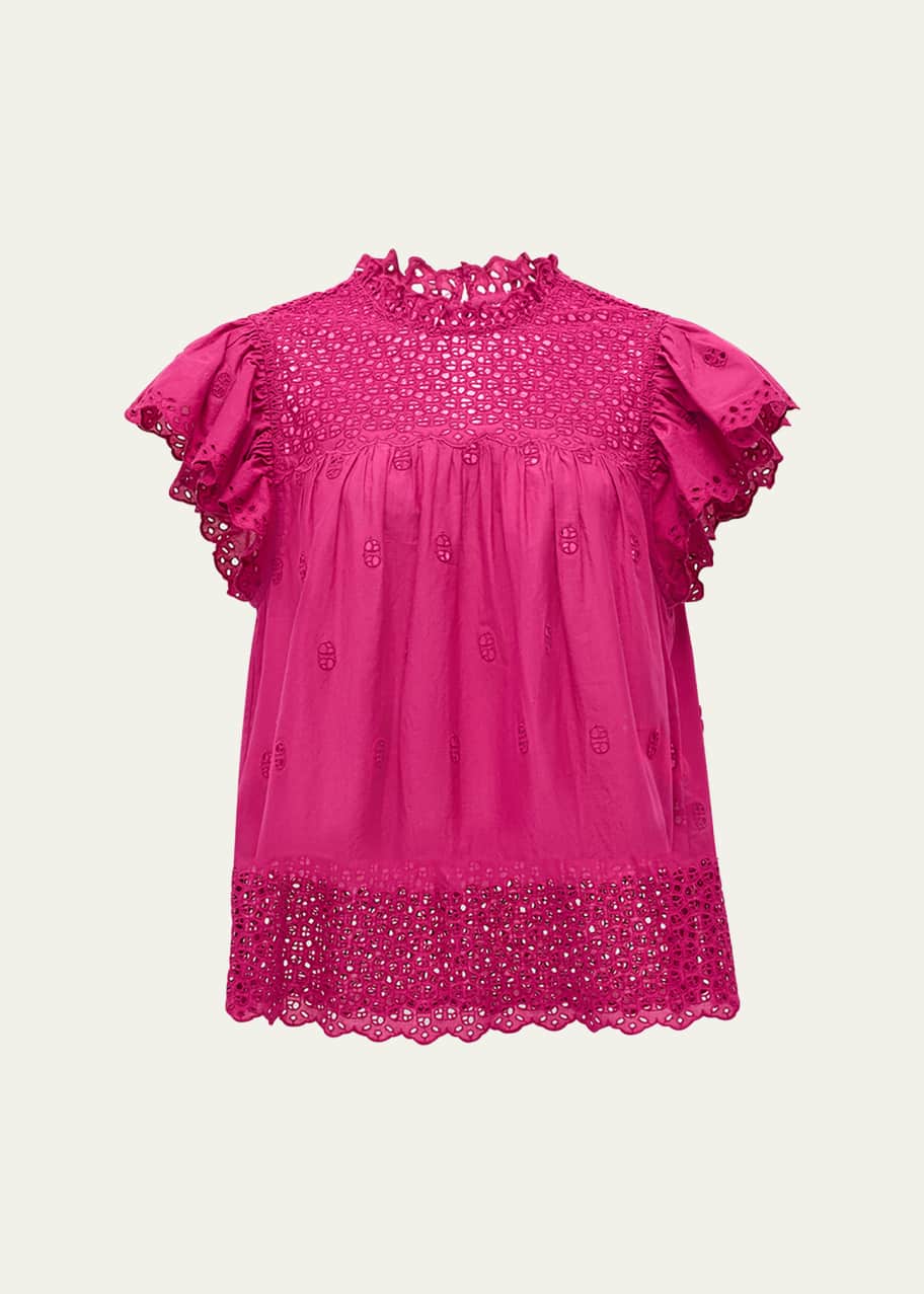 Ulla Johnson Kassi Ruffle-Sleeve Embroidered Cotton Top - Bergdorf Goodman