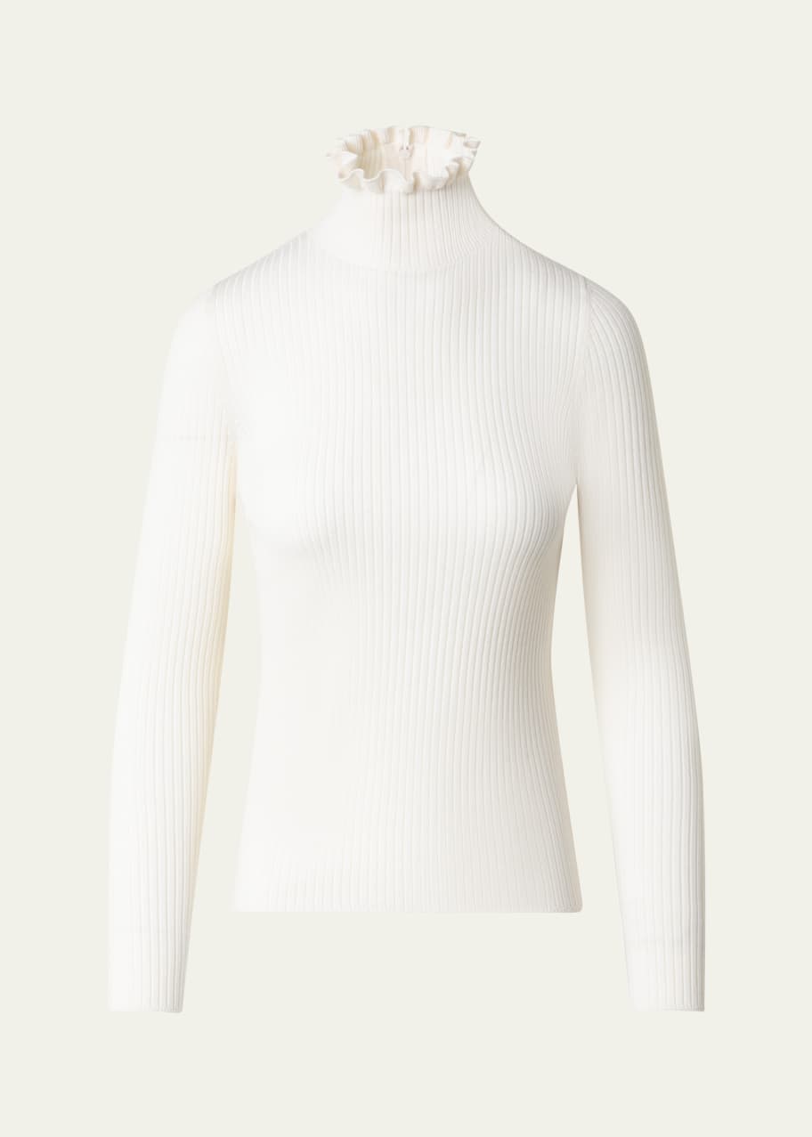 Akris punto Ruffle-Neck Fitted Ribbed Wool Sweater - Bergdorf Goodman