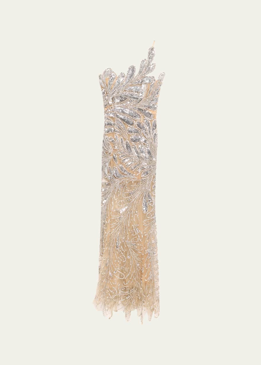 Oscar de la Renta One-Shoulder Crystal Fern Embellished Column Gown ...