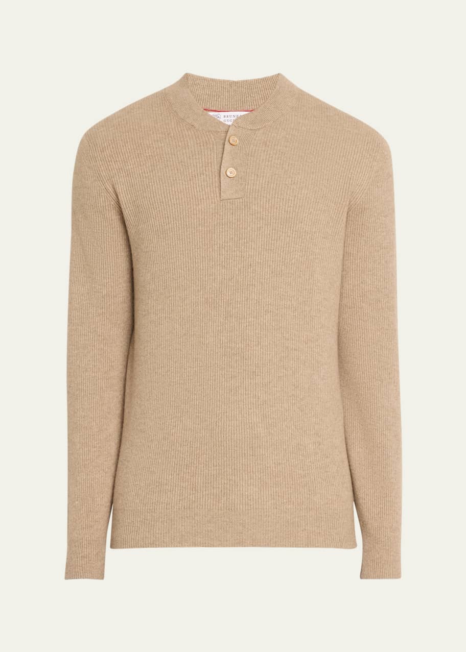 Brunello Cucinelli Men's Cashmere Ribbed Henley Sweater - Bergdorf Goodman