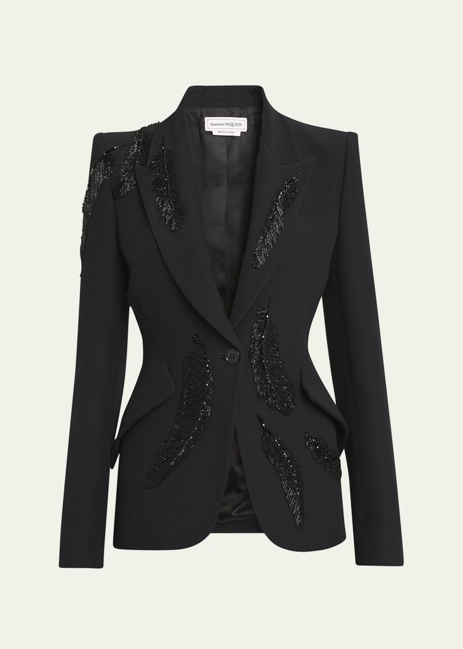 McQueen Tailored Blazer Jacket with Beaded Feather Embroidery ...