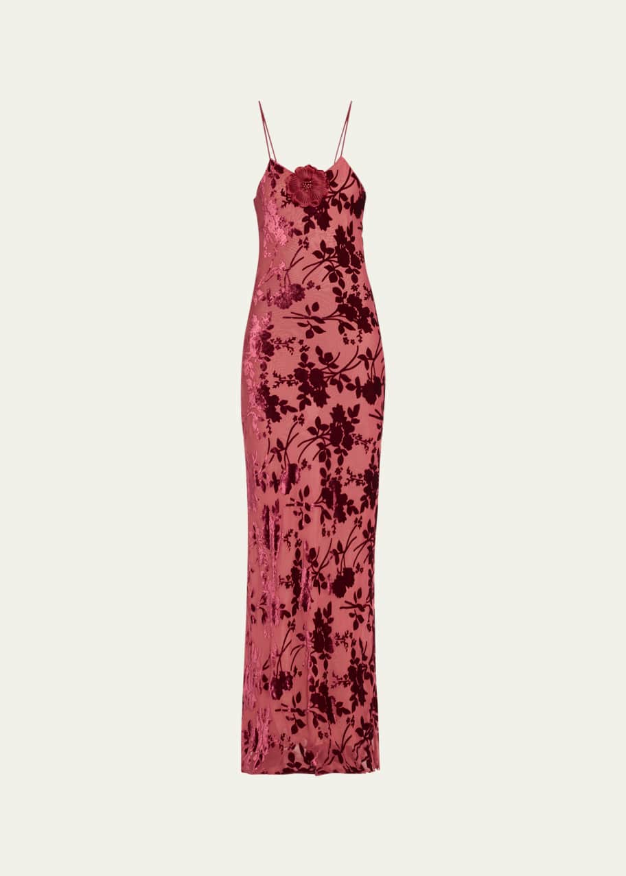 Rodarte Chiffon Burnout Velvet Flower Pin Slip Dress - Bergdorf Goodman