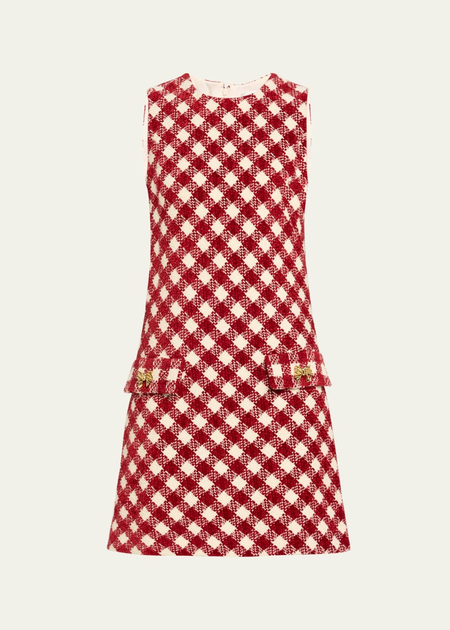 Oscar de la Renta Chenille Check Tweed Shift Dress with Bow Details ...