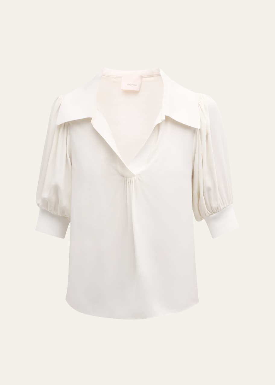 Cinq a Sept Weldon Collared V-Neck Short-Sleeve Silk Combo Top ...