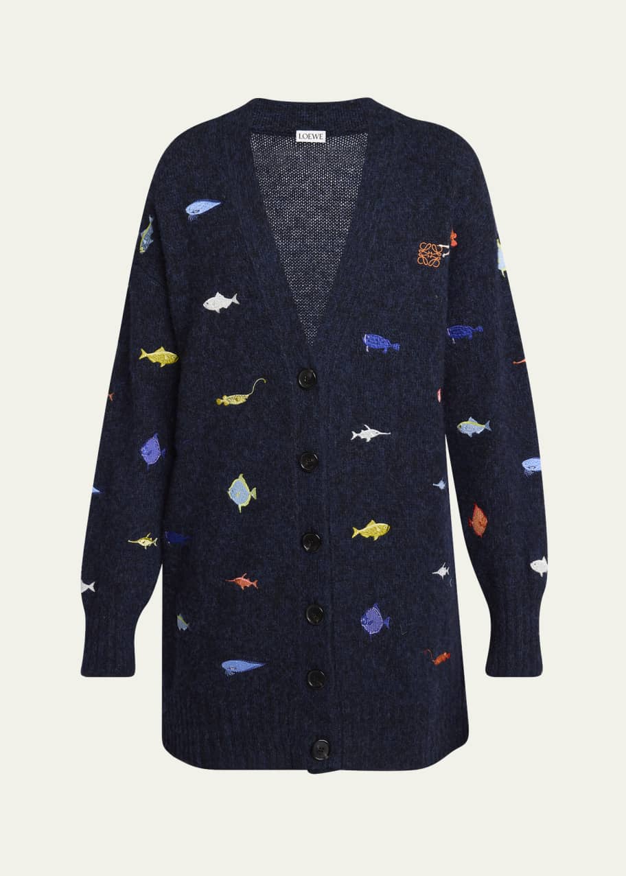 Loewe Fish And Diver Embroidered Wool Cardigan - Bergdorf Goodman