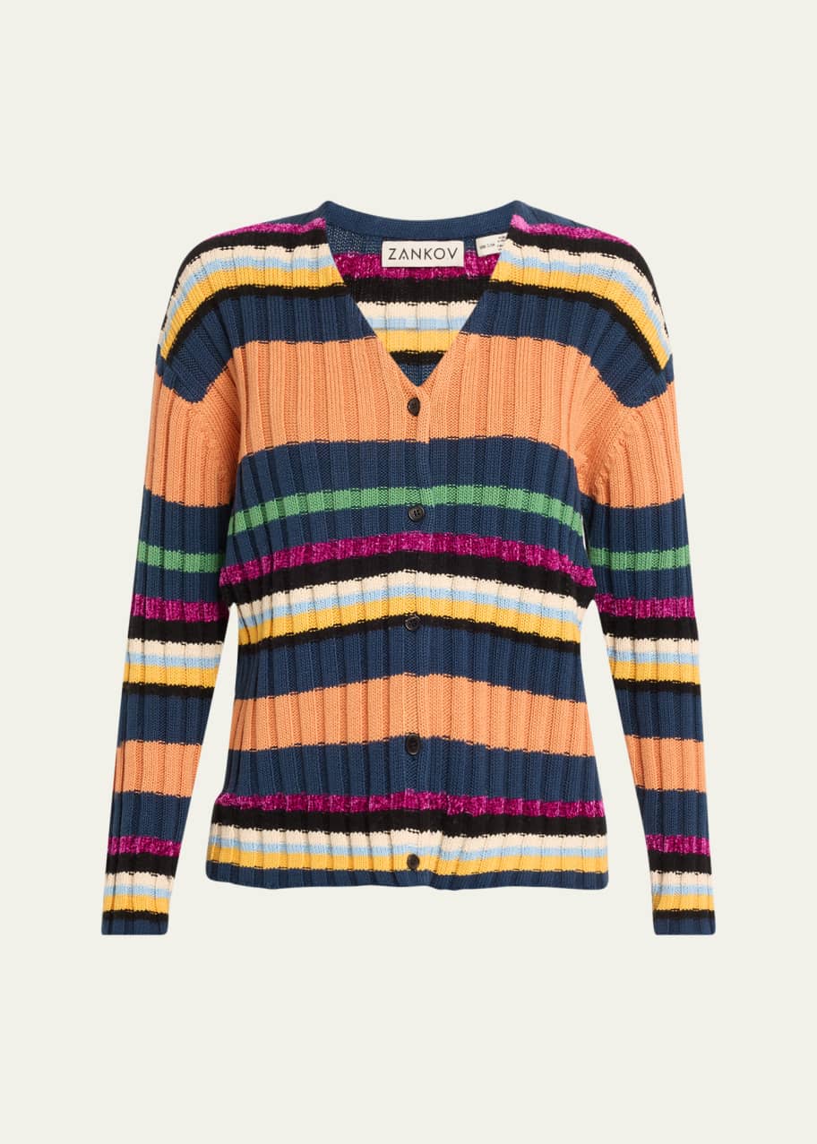 ZANKOV Suri V-Neck Stripe Ribbed Wool Cardigan - Bergdorf Goodman
