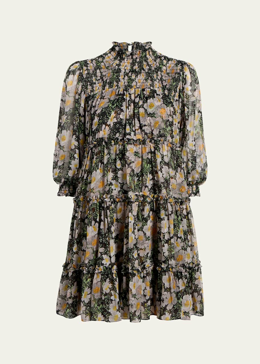 Cinq a Sept Olive Smocked Cosmo-Flower Mini Dress - Bergdorf Goodman